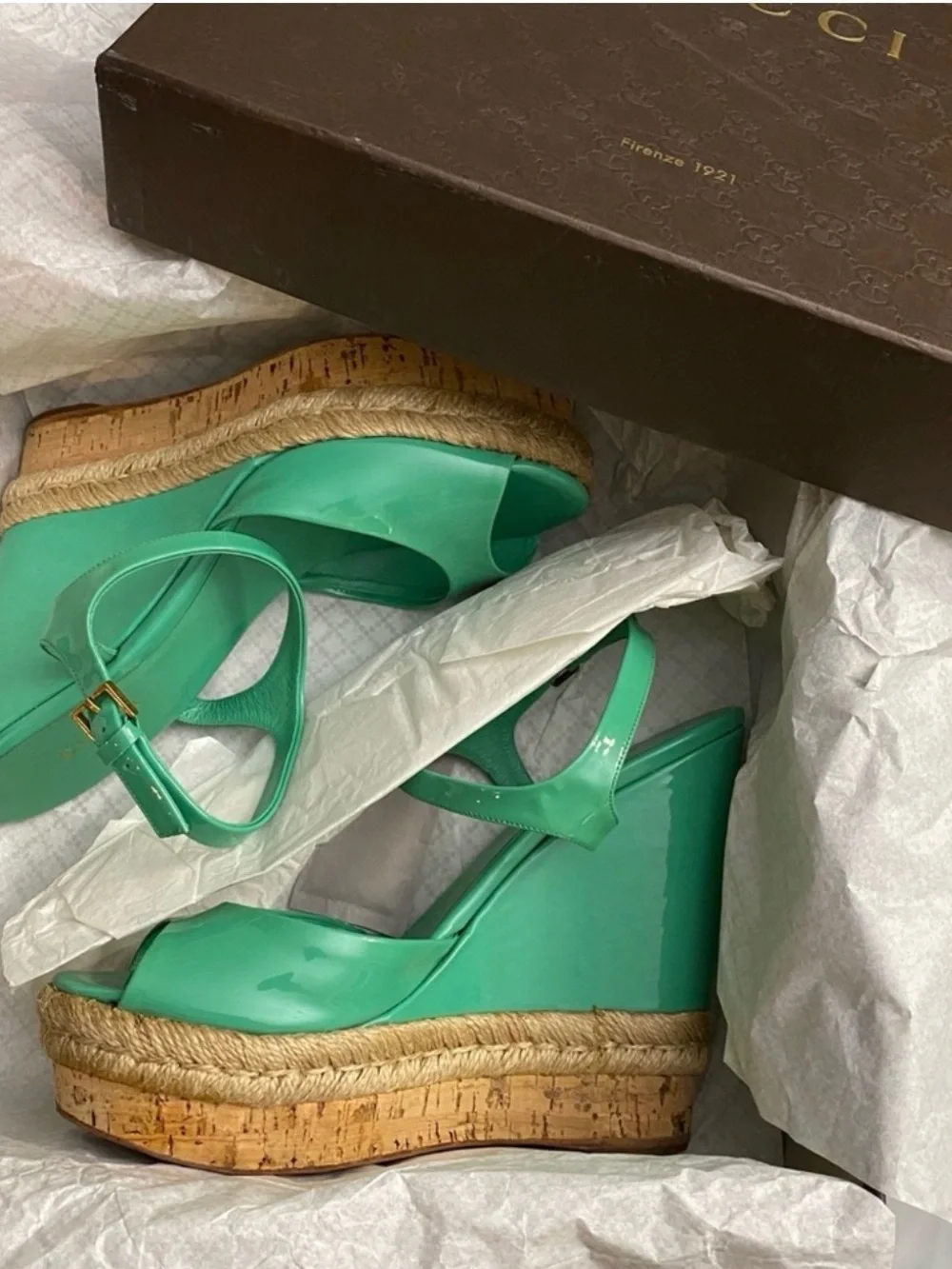 Gucci | Shoes | Gucci Patent Teal Platform Wedge Sandals | Poshmark